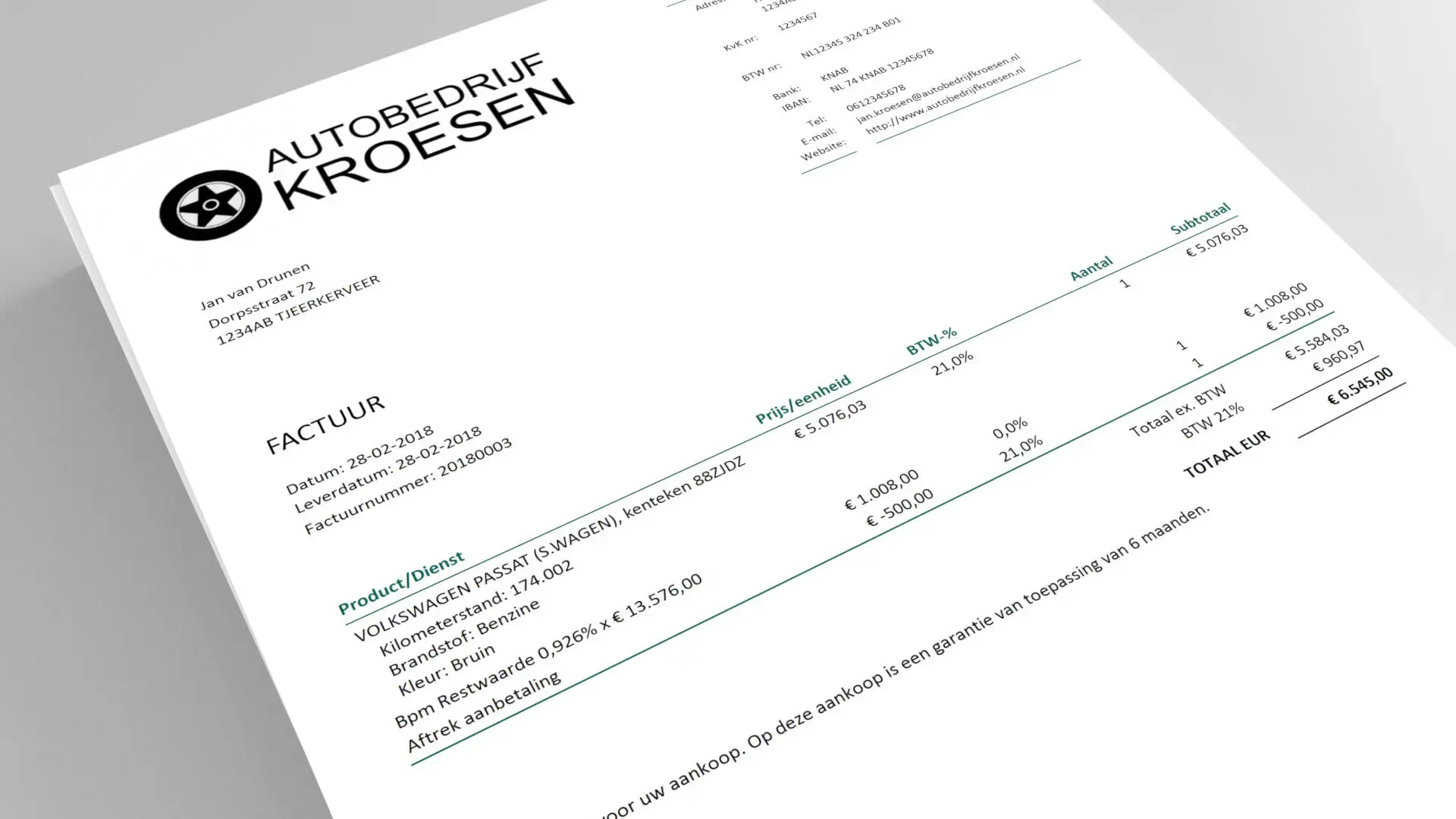 Voorbeeld Factuur: Verkoop Auto | ZZPfact Software